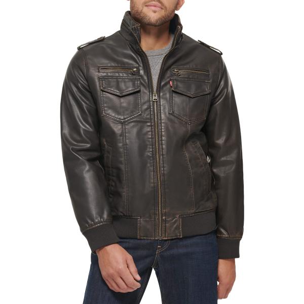 商品名:  Levi's Men's Faux Leather Aviator Bomber Jacket (Regular &amp; Big &amp; Tall Sizes), Dark Brown Quilted, Sブランド: L...