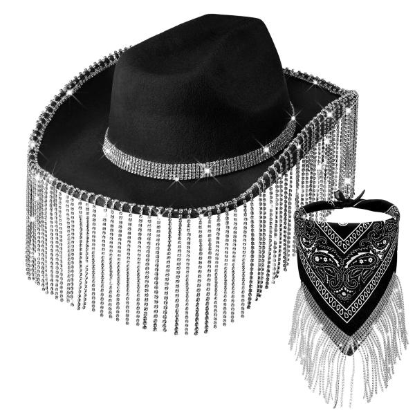 商品名:  Pasimy Rhinestone Cowgirl Cowboy Hat and Bachelorette Bandanas Set Bling Diamond Fringe Hat for Women Men Cosplay ...