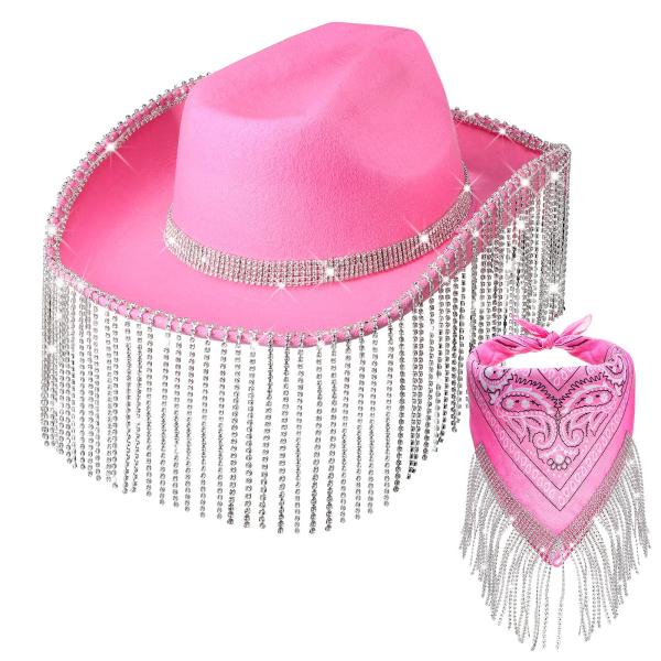商品名:  Rhinestone Cowgirl Cowboy Hat and Bachelorette Bandanas Set Bling Diamond Fringe Hat for Women Men Cosplay Costume...