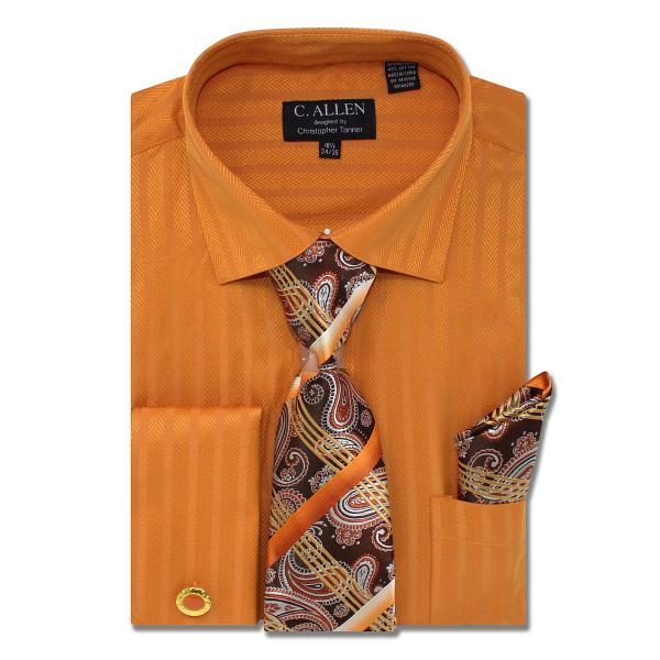 商品名:  C. Allen Men's Solid Striped Herringbone Regular Fit French Cuffs Dress Shirts with Tie Hanky Cufflinks Combo (Pum...