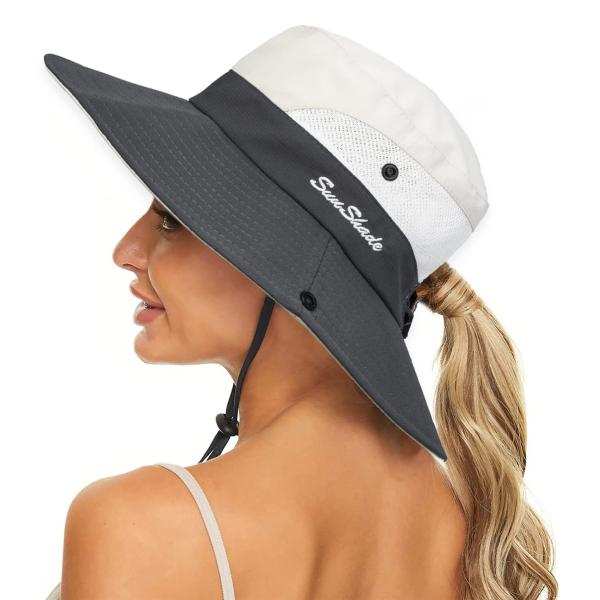 商品名:  Women's Summer Sun-Hat Ponytail - Outdoor UV-Protection Mesh Wide Brim Foldable Hat with Ponytail Hole Beige Greyブ...
