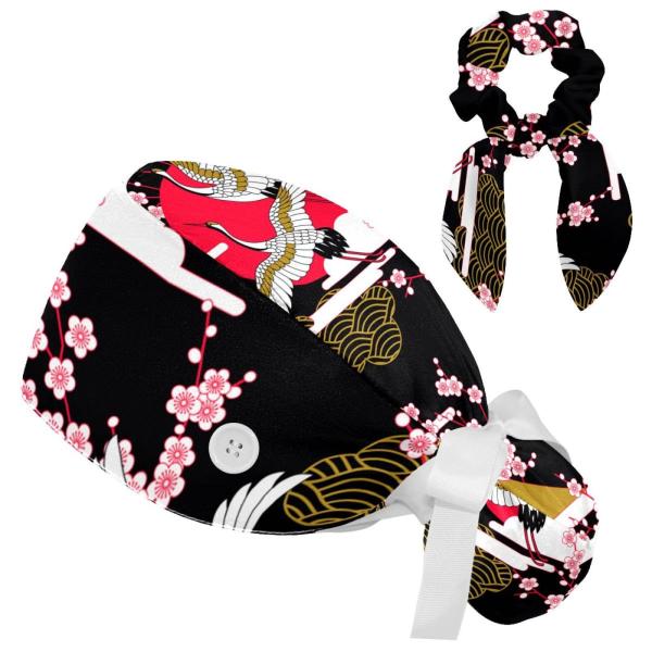商品名:  Working Cap + Hair Tie Bouffant Caps Tie Back Hat with Sweatband Scrub Hat Cranes Sakura Cherry Blossom Turban Cap...