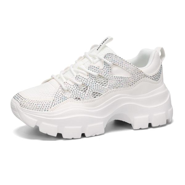 商品名: LUCKY STEP レディース 90S チャンキープラットフォーム 反射スニーカー - ホワイトホログラム カジュアル レースアップ ウォーキングダッドスニーカー, ホワイトラインストーン。, 6 LUCKY STEP Wome...