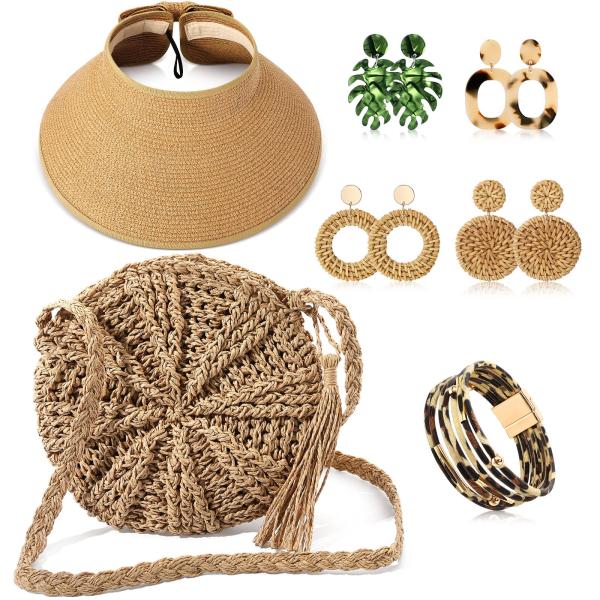 商品名:  Hicarer 7 Pieces Straw Purses for Women Beach Purse Earrings Jewelry Set Straw Purse Beach Hats with 4 Tropical Ea...