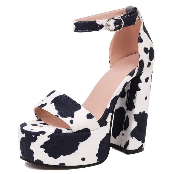 商品名:  Cozivwaiy Chunky Platform Heels for Women Cow Print Shoes Block High Heels Sandals Cow Party Dress Heels Printed B...