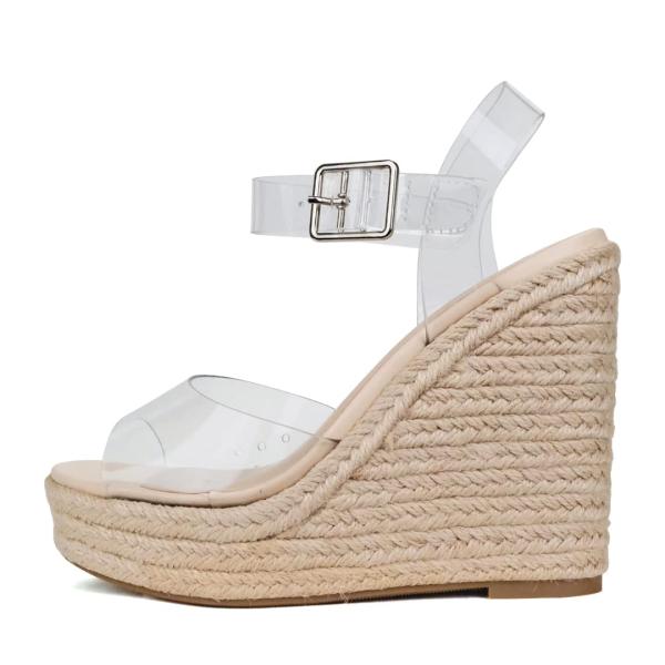 商品名: レディース クリアオープントゥ アンクルストラップ エスパドリーユ ウェッジサンダル, クリア, 6 Women's Clear Open Toe Ankle Strap Espadrille Wedge Sandals Edmo...