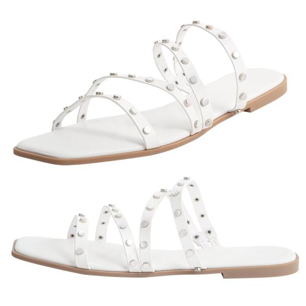 商品名: DAYDAYGO 女性用サンダル - かわいいスクエアオープントゥドレッシースライドサンダル - 快適でスタイリッシュなフラットサンダルスライドシューズ 印象的なストラップとソフトなメモリーフォームインソール付き, ホワイト/ポリ...