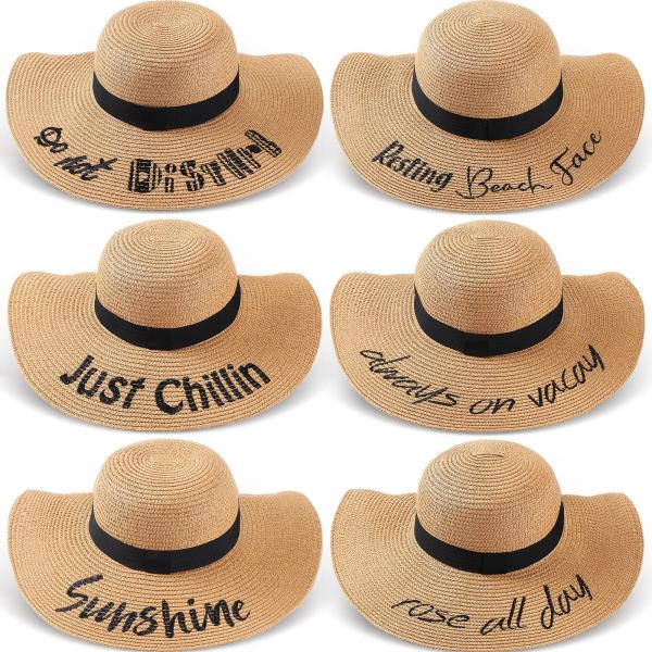 商品名:  Sureio 6 Pcs Beach Hat for Women Summer Floppy Hat Embroidered Foldable Sun Hat Large Brim Adjustable Straw Hats f...