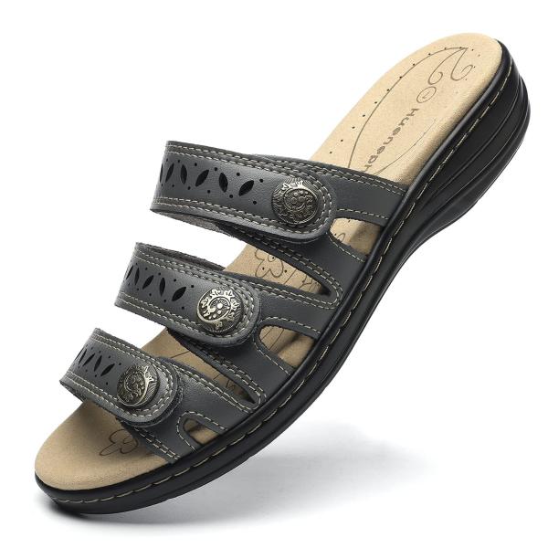 商品名: Hueneph レディース 快適 レザースライド 軽量 フラットサンダル かわいい スリッポン カジュアル ウォーキングスリッパ, グレー, 7 Hueneph Women's Comfort Gray Leather Slide...