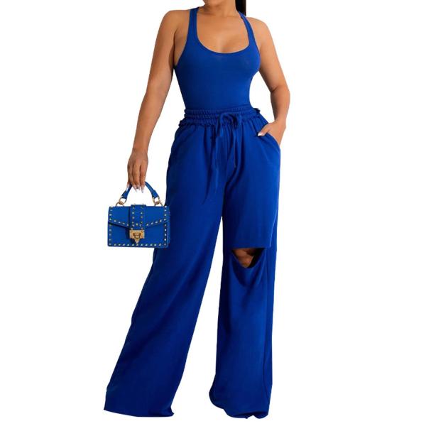 商品名:  Uni Clau Women’s Casual Two Piece Outfits Solid Color Jumpsuit Tank Bodysuit Tops and Wide Leg Hole Long Pants Nig...