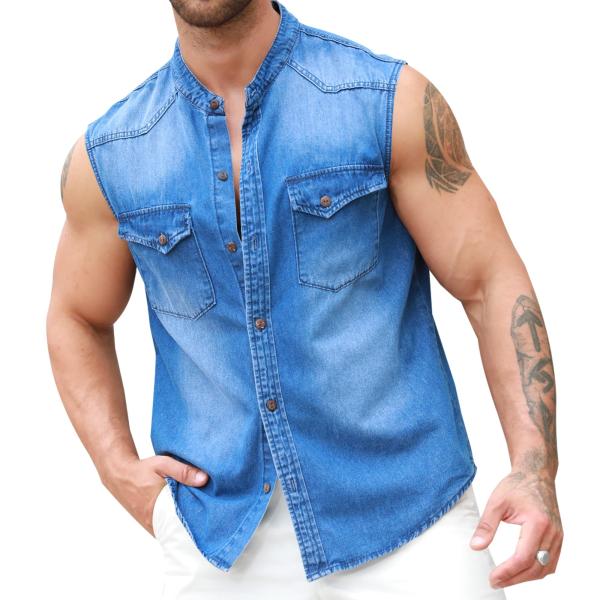 商品名:  Ryannology Mens Denim Sleeveless Shirts Cowboy Jean Vest Casual Button Down Slim Fit Work Cotton Tops with Pockets...