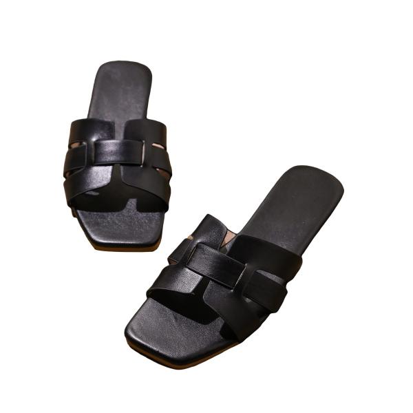 商品名: WDIRARA レディース オープンスクエアトゥ PUレザー スリップオン スライドドレッシーフラットサンダル, ブラック, 24 WDIRARA Women's Open Square Toe PU Leather Slip O...