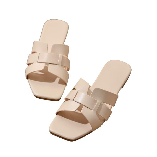 商品名: WDIRARA レディース オープン スクエアトゥ PUレザー スリップオン スライド ドレッシー フラットサンダル, ベージュ, 7.5 WDIRARA Women's Open Square Toe PU Leather Sl...