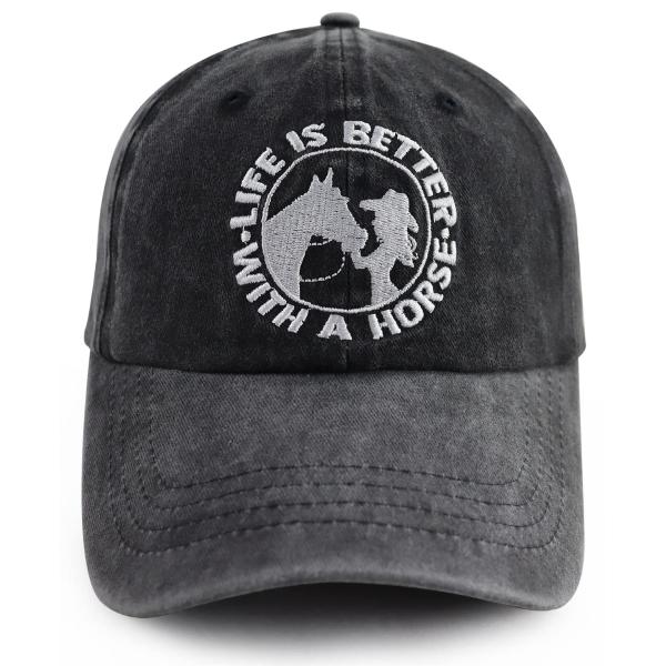 商品名: Vxchkerm Life is Better with A Horse Hat レディース ガールズ 調節可能な刺繍コットンデニム 馬愛好家 ベースボールキャップ, ブラック, One Size Horse Gifts for ...