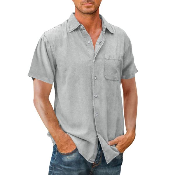 商品名:  Men’s Causal Button Down Shirts Summer Short Sleeve Linen Band Collar Beach Top for Men Moisture Wicking Wrinkle F...