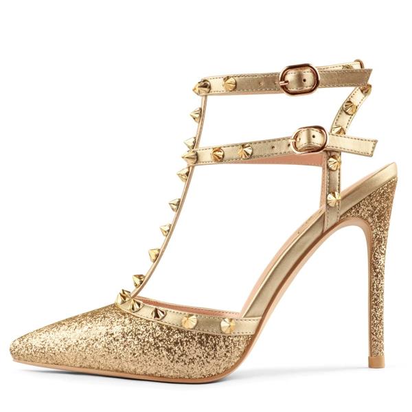 商品名:  Comfity High Heel Strappy Sandals for Women Slingback Pumps Pointy Toe Party Wedding Rivets Shoes Gold Glitter 9US...