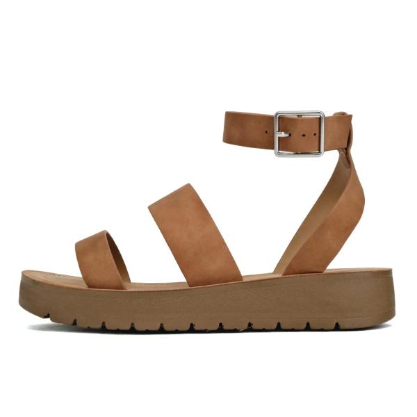 商品名: Soda レディース カジュアル オープントゥ バンド アンクルストラップ付き ファッション スライド フラットサンダル, タンヌプー, 24.5 Soda Women Casual Open Toe Two Bands with...