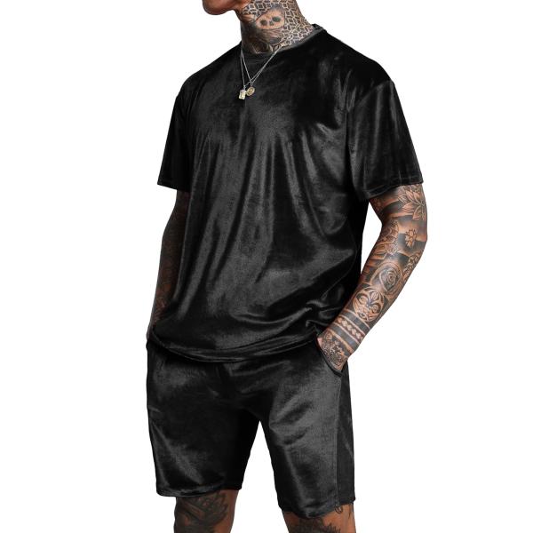 商品名:  LecGee Men's 2 Piece Outfit Short Sleeve Crewneck Velvet Pullover Drawstring Shorts Tracksuit Jogger Set(Black,X-L...