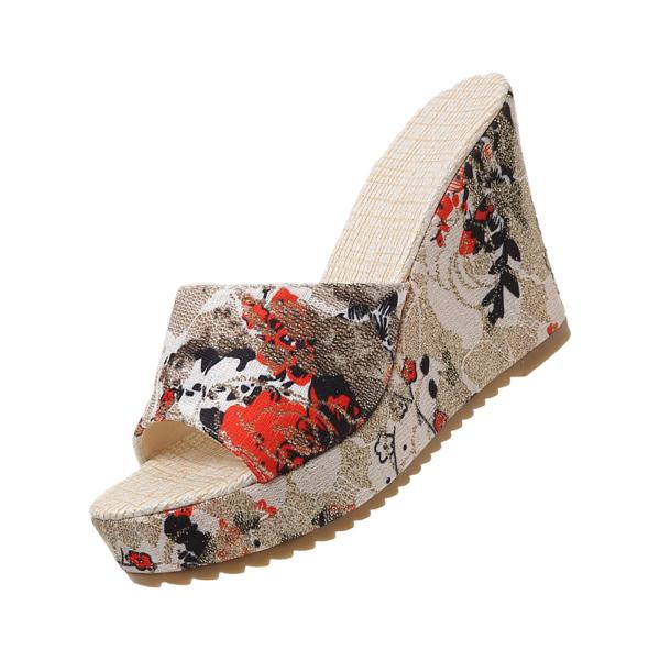 商品名:  DirraBra Ladies Fashion Flower Cloth Thick Bottom Wedge Heel Slides Non Slip Fish Mouth Sandals Slip on Comfort Ou...