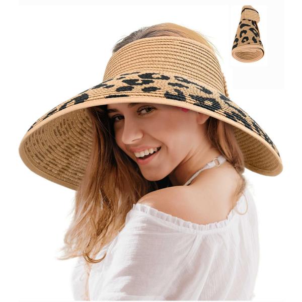 商品名:  LUCSIS UV Protection Straw Sun Hat Visor Beach Hat Wide Brim Leopard Print Roll-up Packable for Women (Khaki/leopa...