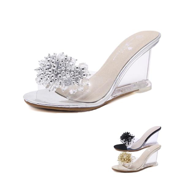 商品名:  Lymphvity Women’s Clear Crystal String Beads Wedge Sandals,Fashion Fish Mouth Clear Lucite Open Toe Slip On Flower...