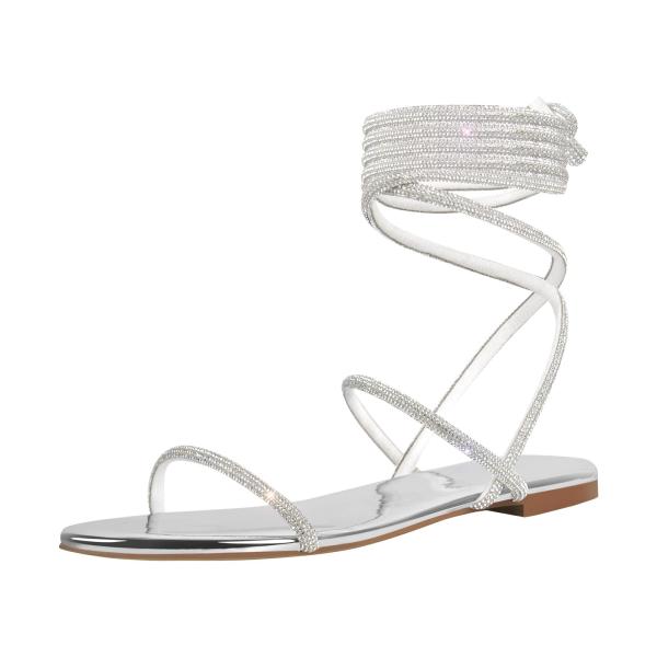 商品名:  richealnini Embellished Straps Rhinestones Flats Sandals Round Open Toe Tie Lace Up Slide Sandals for Women No Hee...