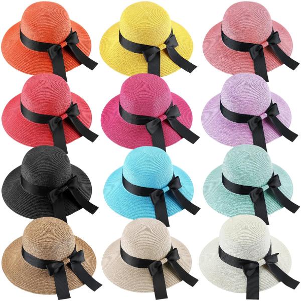 商品名:  Pasimy 12 Pcs Women Straw Sun Hats with Bowknot Panama Wide Brim Roll up Hat for Women Girls Foldable Floppy Hat S...