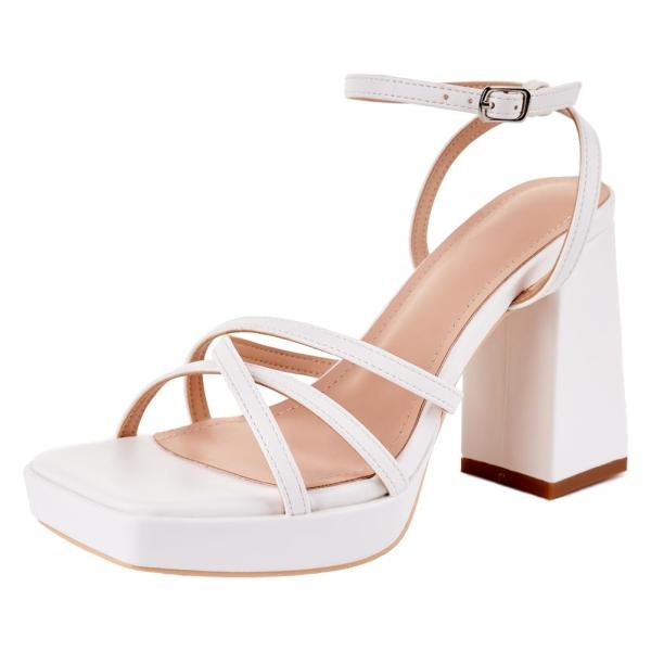 商品名: 指先 バレエ ホワイト プラットフォームヒール レディース チャンキーブロックヒールサンダル アンクルストラップ付き スクエアオープントゥ ウェディングパーティドレス用, ホワイト, 24.5 Fingertip Ballet W...