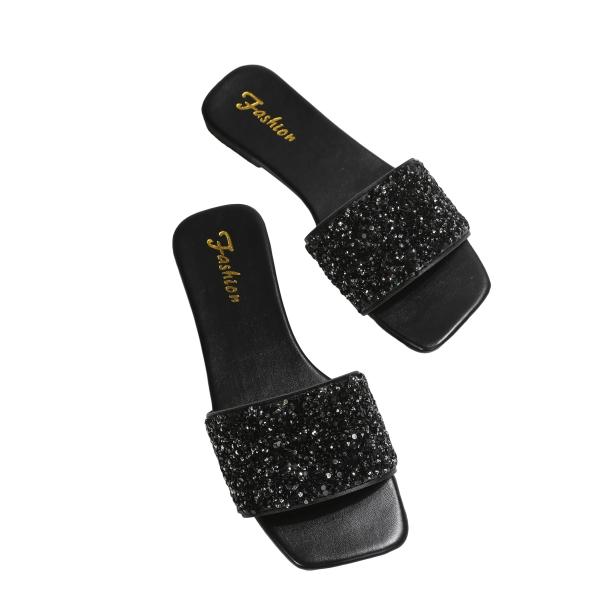 商品名: GORGLITTER レディース ラインストーン サンダル キラキラ オープントゥ スリッパ, ブラック, 7.5 GORGLITTER Glitter Sandals Sparkly Sandals Casual Rhinest...