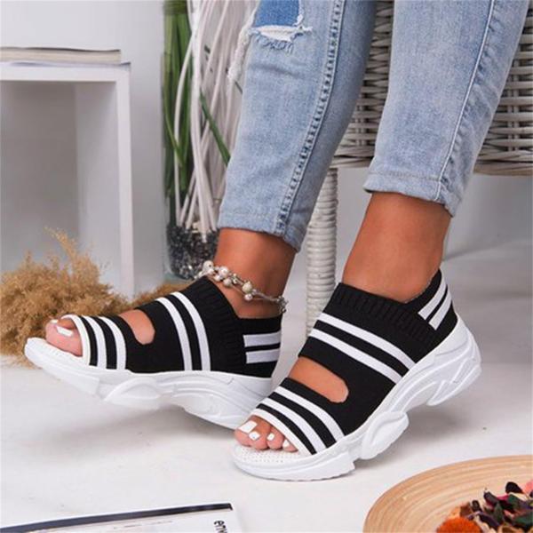 商品名:  DEEBOW Women Knitting Mesh Sandals Summer Elastic Ankle Strap Slip on Wedges Sandals Ladies Wide Fit Anti Slip Pla...