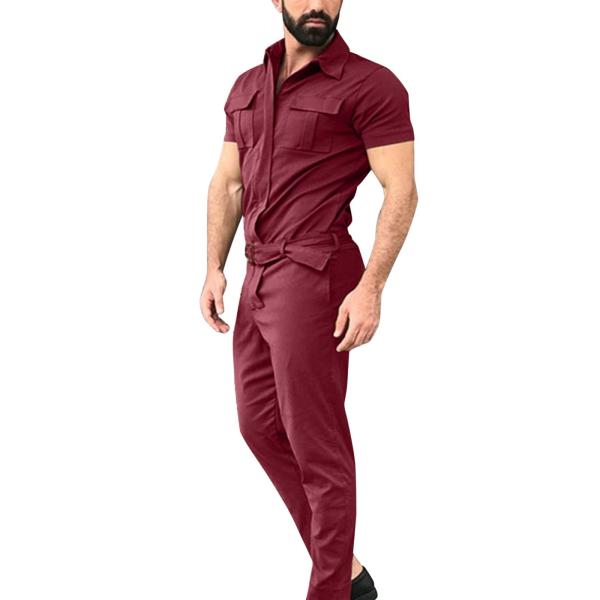 商品名:  Men's Cargo Outfit Set Color Solid and Zipper Rompers Summer Short-Sleeved Jumpsuit with Pockets Tooling Pants Spr...