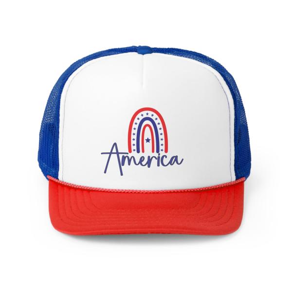 商品名:  Trucker Hat, 4th of July Hat, Summer Hat, Patriotic Hat, Red White and Blue Hat, Trendy Holiday Hat (America Rainb...