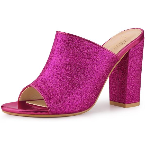 商品名: Perphy グリッター スリッポン チャンキーヒール ミュールサンダル レディース, ホットピンク, 7.5 Perphy Glitter Slip on Chunky Heels Mule Hot Pink Sandals F...