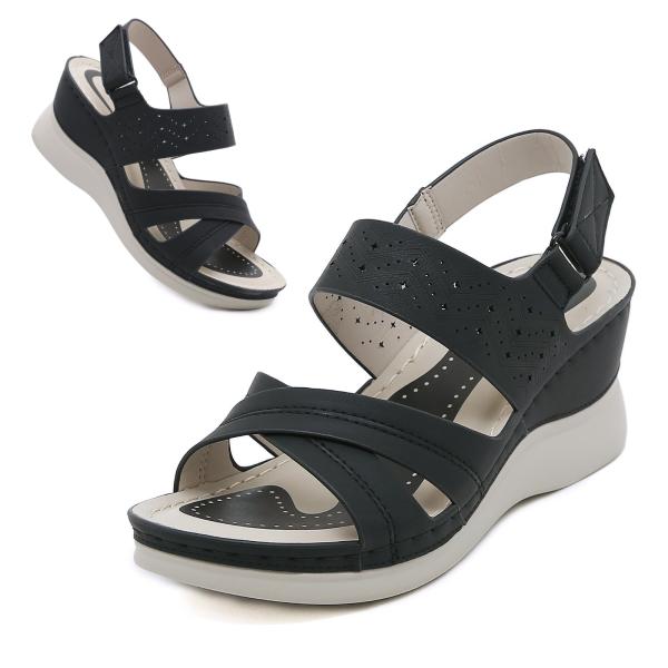 商品名:  Women's Leather Crossover Strap Wedge Sandals with Adjustable Hook and Loop Closure,Comfortable Orthotic Open Toe ...