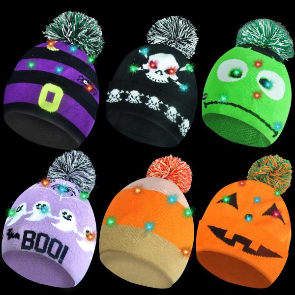 商品名:  6 Pcs Light up Halloween Beanie Hats, LED Halloween Hats for Men Women, Cute Beanie Skull Hats, Glow up Ghost Pump...
