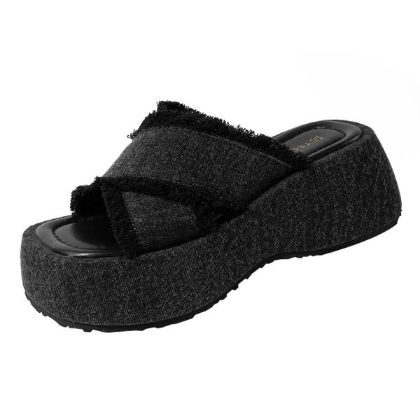 商品名:  AMAZIDEAL Women's Denim Crossover Strap Platform Slide Sandals,Fashion Open Toe Tassels Slip On Non-Slip Chunky He...