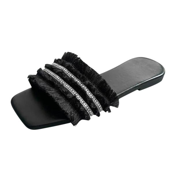 商品名:  Women Memory Foam Slippers Tassel Rhinestone Decorative Square Head Flat Sandals Women Shower Slides (Black, 8.5)ブ...