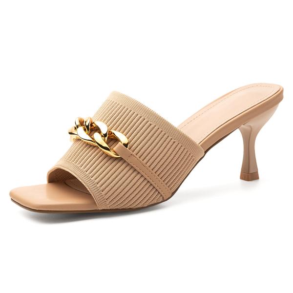 商品名: NEWBELLA ムースフィット レディース スクエアトゥチェーン キトンヒール サンダル, アプリコット, 7.5 NEWBELLA MOUSSE FIT Women Square Toe Chain Kitten Heels ...