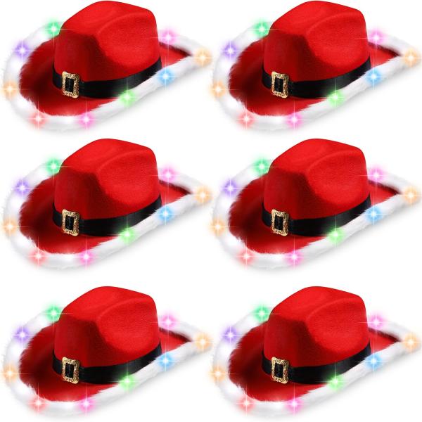 商品名:  Chuarry 6 Pieces Light Up Santa Claus Cowboy Hats Set, Christmas Cowgirl Hat with Lights, Red and White Festival C...