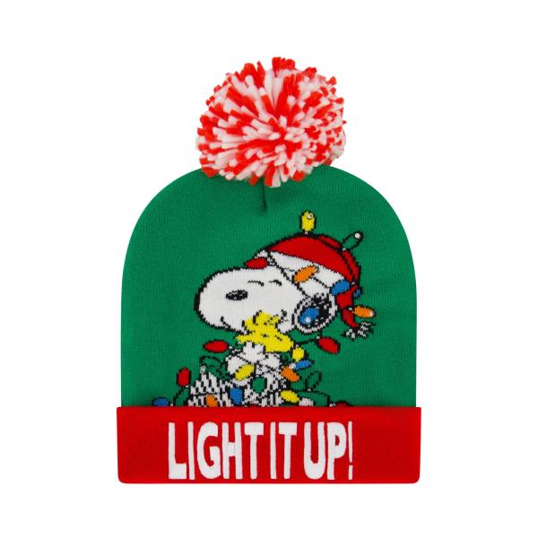 商品名:  Peanuts Beanie Hat, Snoopy and Woodstock LED Light Up Ugly Xmas Sweater Winter Knit Cap with Pom and Cuff, Green, ...