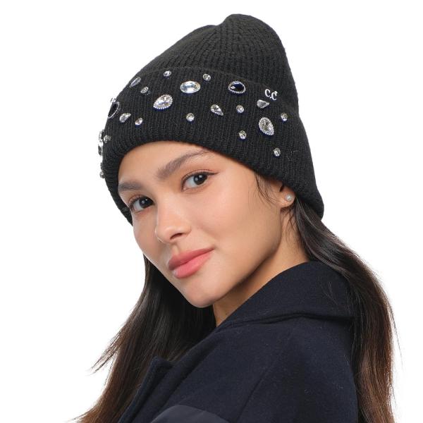 商品名:  C.C Rhinestone Charm Beanie for Women-Recycled Yarn Stretchable Soft Warm Knit Winter Skully Hat (Rhinestone-Black...