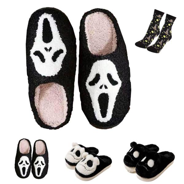 商品名:  LELEBEAR Scream Ghostface Slippers, Halloween Pumpkins Slippers Soft Plush Spooky Slides For Women Men (Black-ghos...