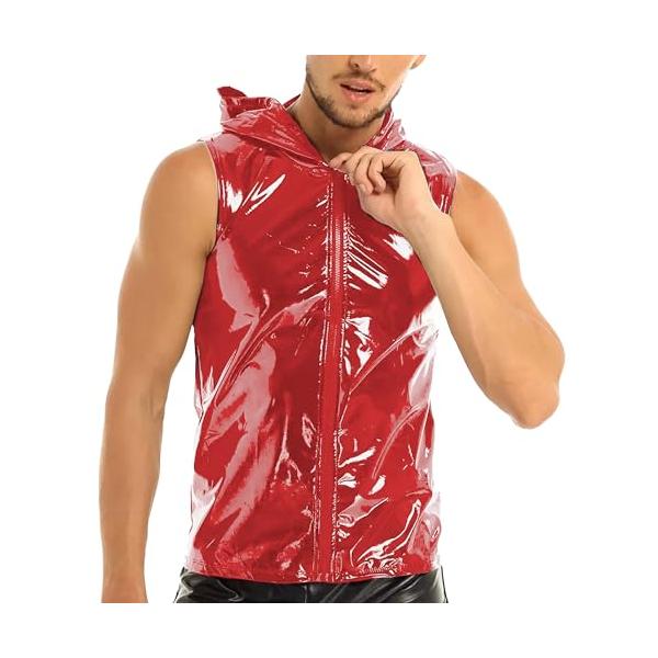 商品名:  Men’s Sleeveless Leather Outfits Wet Look Club Top Stretch Metallic Shiny Jackets Zipper Slim Fit Liquid Top Clubw...