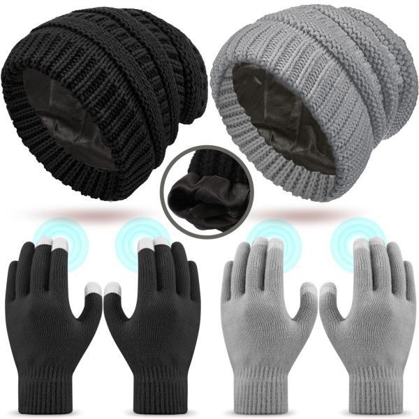 商品名:  Breathffy 4 Pcs Winter Hat and Gloves for Women, Satin Lined Hats for Women Touchscreen Gloves Slouchy Knit Beanie...