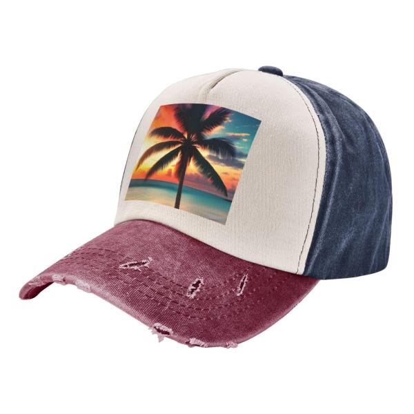 商品名:  Tropical Beach Palm Tree Sunset Distressed Jean Hat, Vintage Washed Cotton Baseball Cap, Adjustable Clip for Unive...