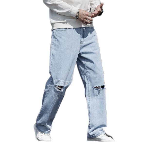 商品名:  EUPLI Men's Jeans Men Letter Graphic Ripped Frayed Straight Leg Jeans Jeans for Men (Color : Light Wash, Size : Sm...