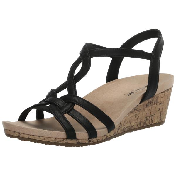 商品名: LifeStride レディース モナコ 2 ストラップ コルク ウェッジ サンダル, ブラック, 7 Wide LifeStride Womens Monaco 2 Strappy Cork Wedge Sandals Blac...