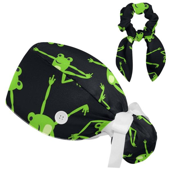 商品名: トロピカルキリンスクラブキャップ 調節可能なワーキングキャップ サージカルキャップ ナースハット リボンヘアシュシュ付き, カラー 9, One Size Funny Frog Scrub Caps Adjustable Work...