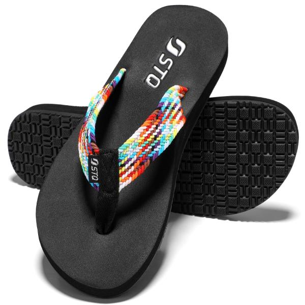 商品名: STQ レディース クイックドライ ビーチサンダル ヨガマットソール | アーチサポート トングサンダル, 織りレインボー, 10 STQ Womens Flips Flops with Yoga Mat Quick Dry Th...
