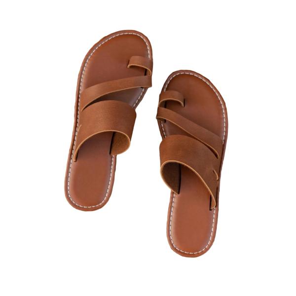 商品名:  OYOANGLE Women's PU Leather Cut Out Toe Post Flat Sandals Non Slip Summer Casual Open Toe Slide Sandals Brown 6.5ブ...